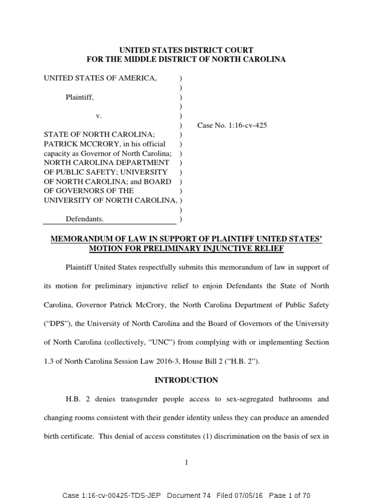 070516 - US DOJ Injunction Against HB2 NC | Public Facilities Privacy ...