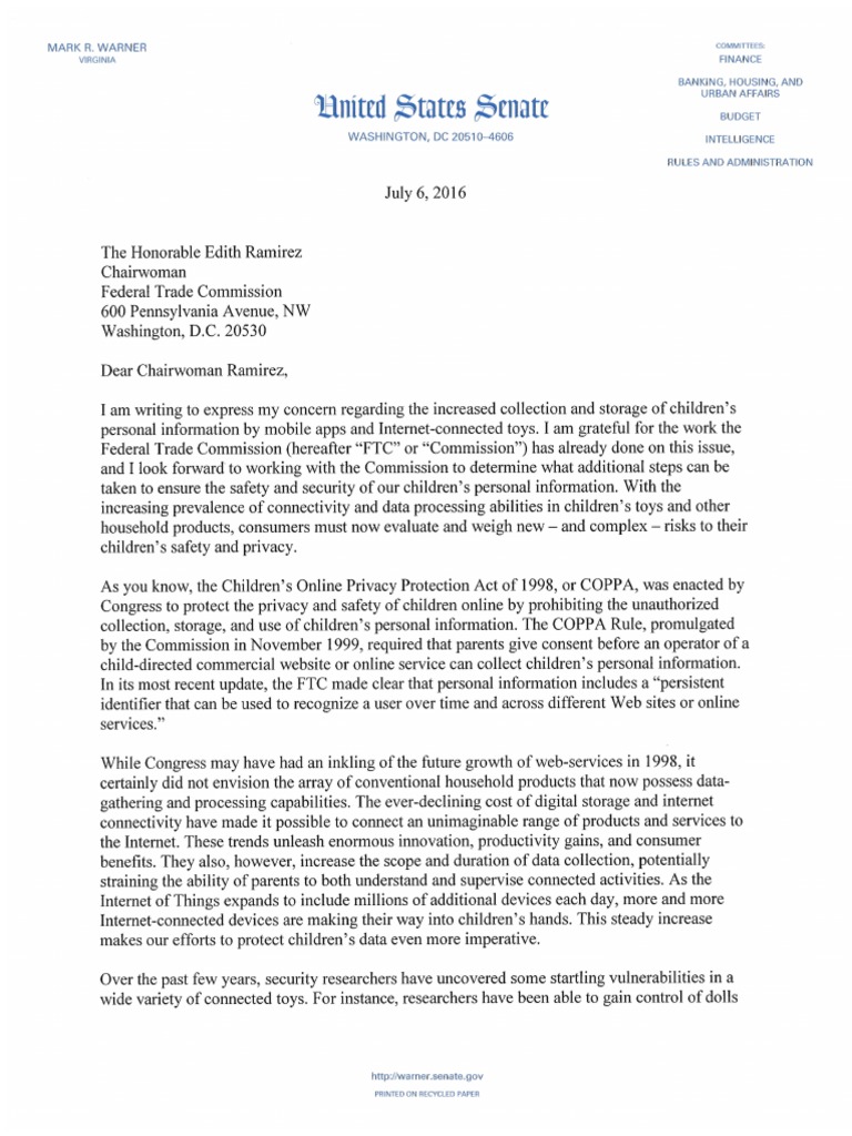 07-06-2016 Internet of Things Toy FTC Letter | PDF