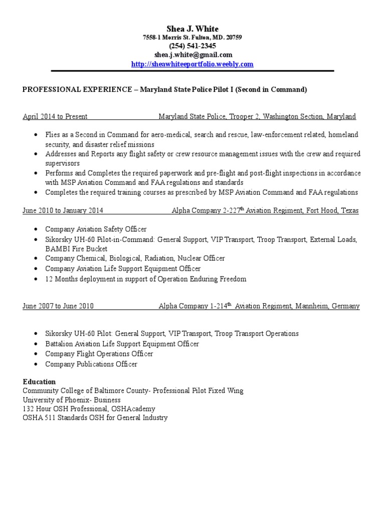 Maryland State Police Pilot Resume | PDF