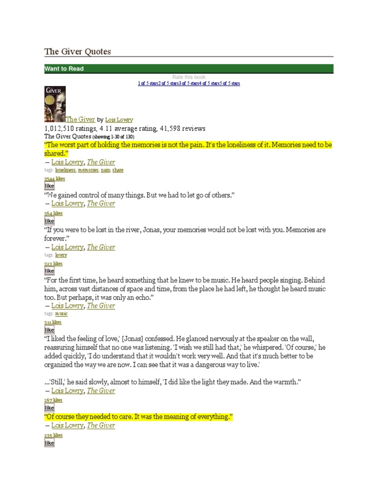 The Giver Quotes | PDF | The Giver | Plato