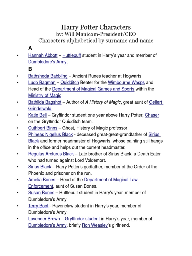 Harry Potter Characters | PDF | Elements Of Fiction | Fantasy Worlds