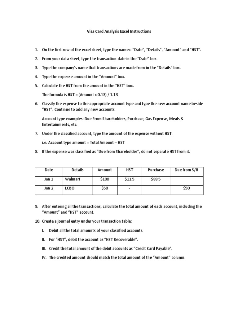 Visa Card Analysis Excel Instructions | PDF