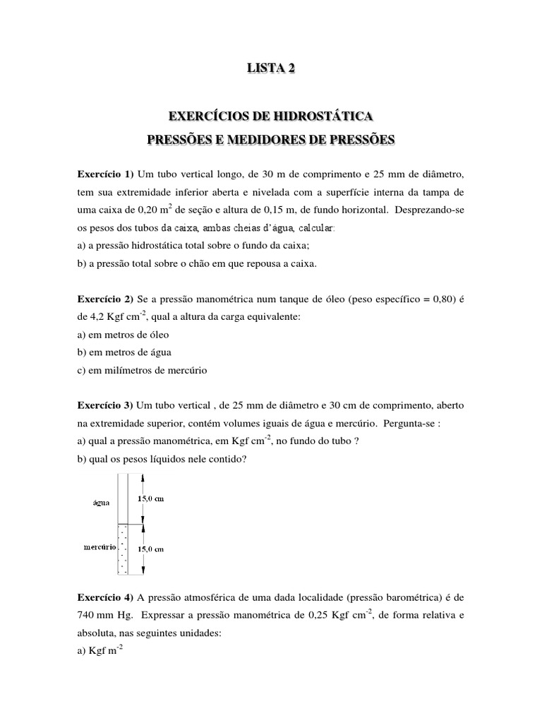 Lista de Exercicios 2 - Hidroestatica (Pressao e Medidores de Pressao) PDF | PDF