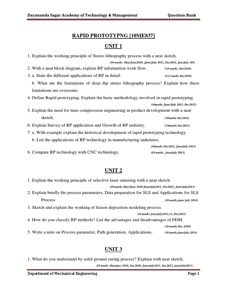 RP Question Bank | PDF | Casting (Metalworking) | Machine Tool