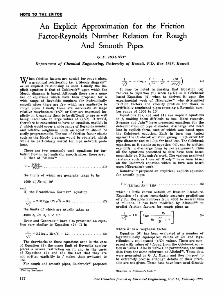 Explicit Approximation for Friction Factor | PDF | Liquids | Dynamics (Mechanics)