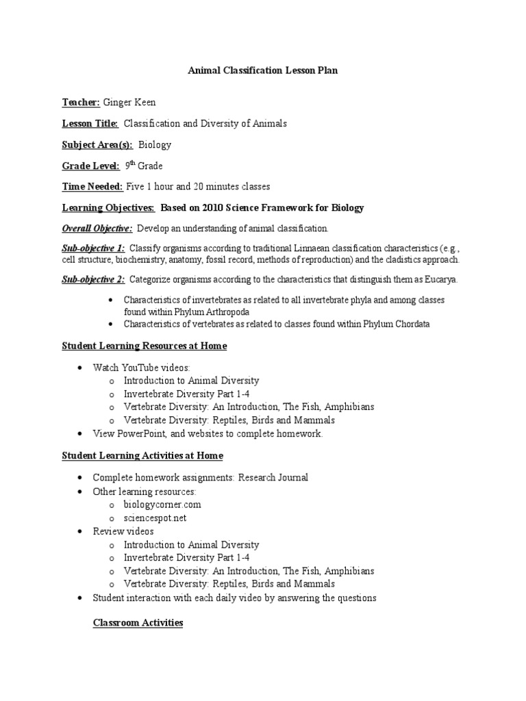Animal Classification Lesson Plan IT 645 | PDF | Invertebrate ...