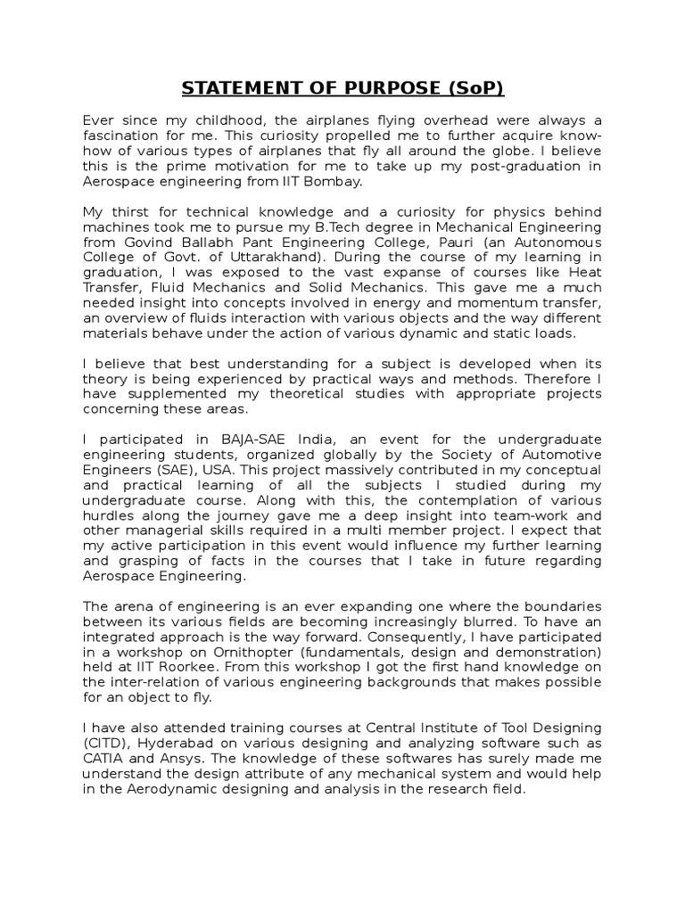 Statement of Purpose | PDF | Engineering | Mechanical Engineering