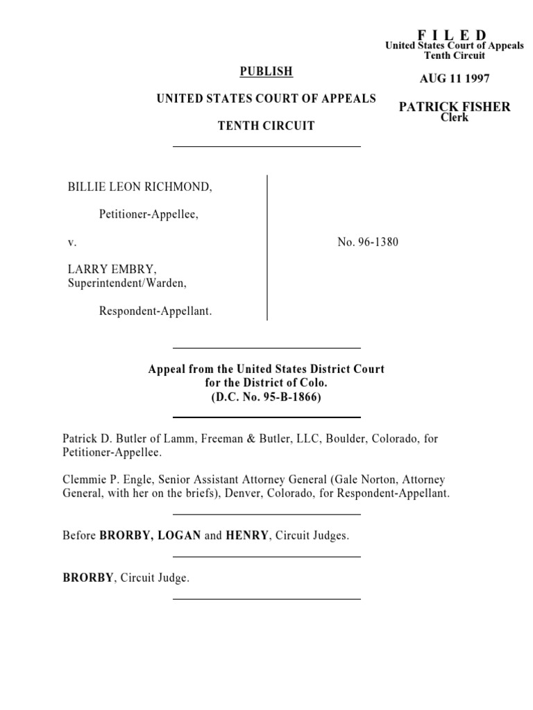 Richmond v. Embry, 122 F.3d 866, 10th Cir. (1997) | PDF | Confrontation ...
