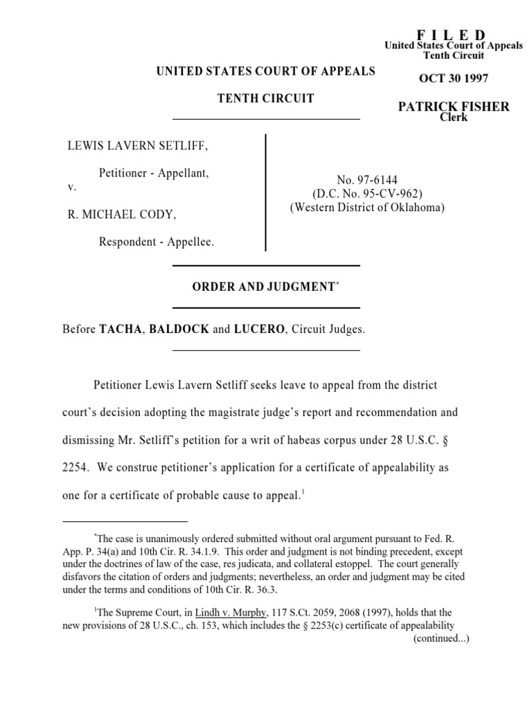 Setliff v. Cody, 10th Cir. (1997) | PDF | Antiterrorism And Effective ...