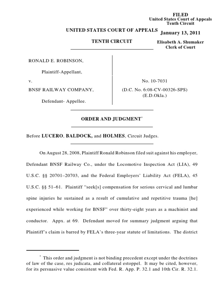 FELA Case Summary: Robinson v. BNSF | PDF | Back Pain | Precedent