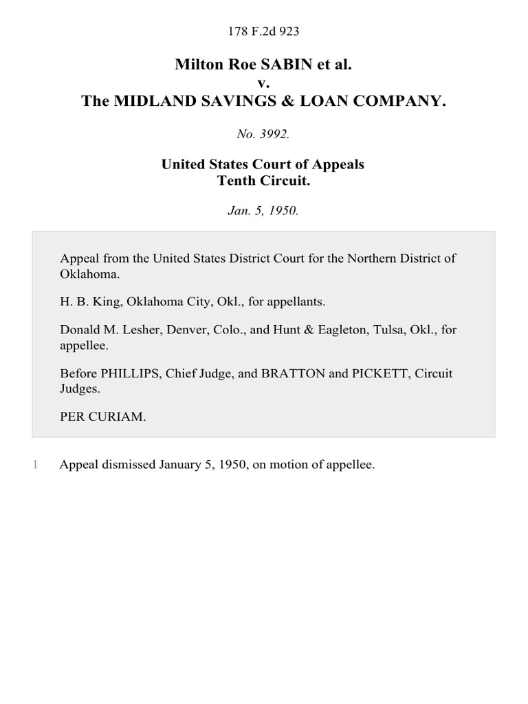 Milton Roe Sabin v. The Midland Savings & Loan Company, 178 F.2d 923 ...