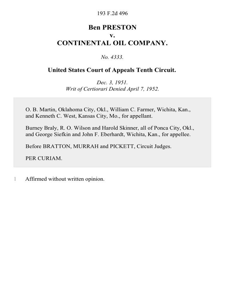 Ben Preston v. Continental Oil Company, 193 F.2d 496, 10th Cir. (1952 ...
