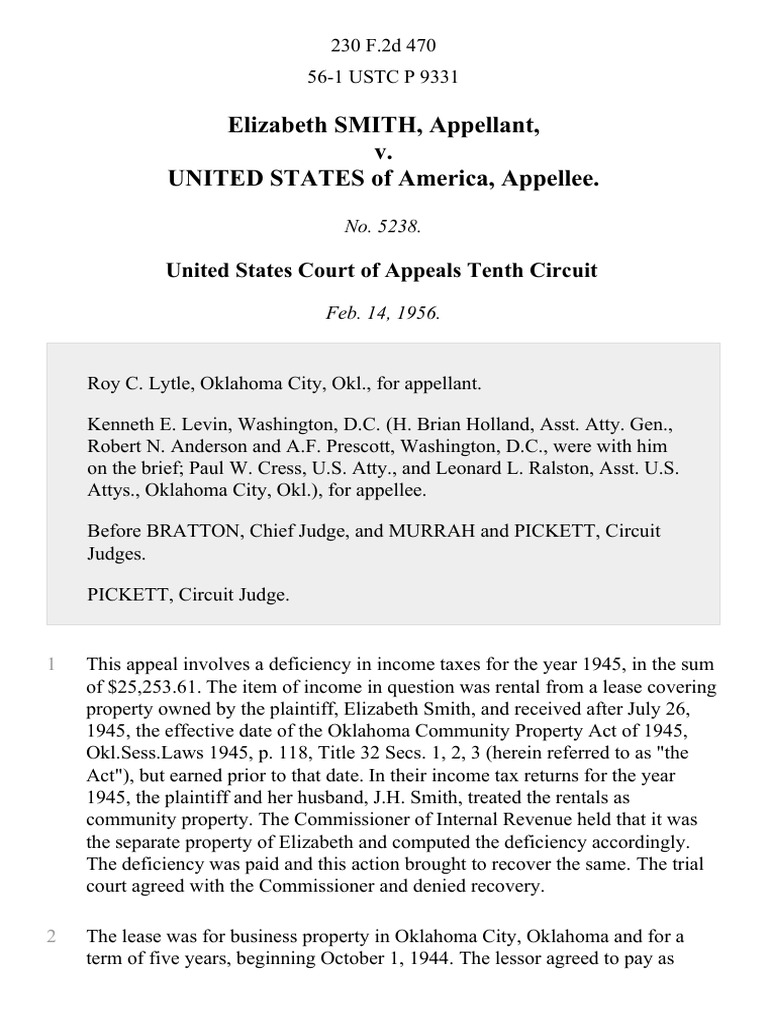 Elizabeth Smith V United States 230 F 2d 470 10th Cir 1956 Pdf