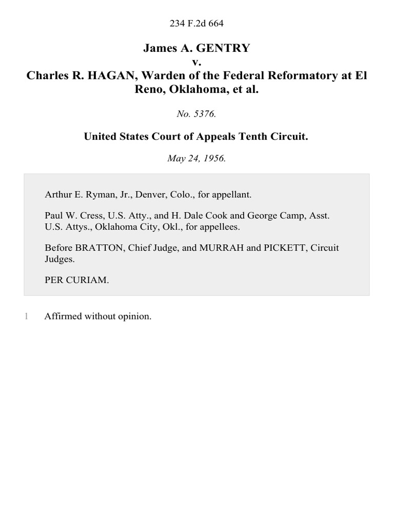 James A. Gentry v. Charles R. Hagan, Warden of The Federal Reformatory ...