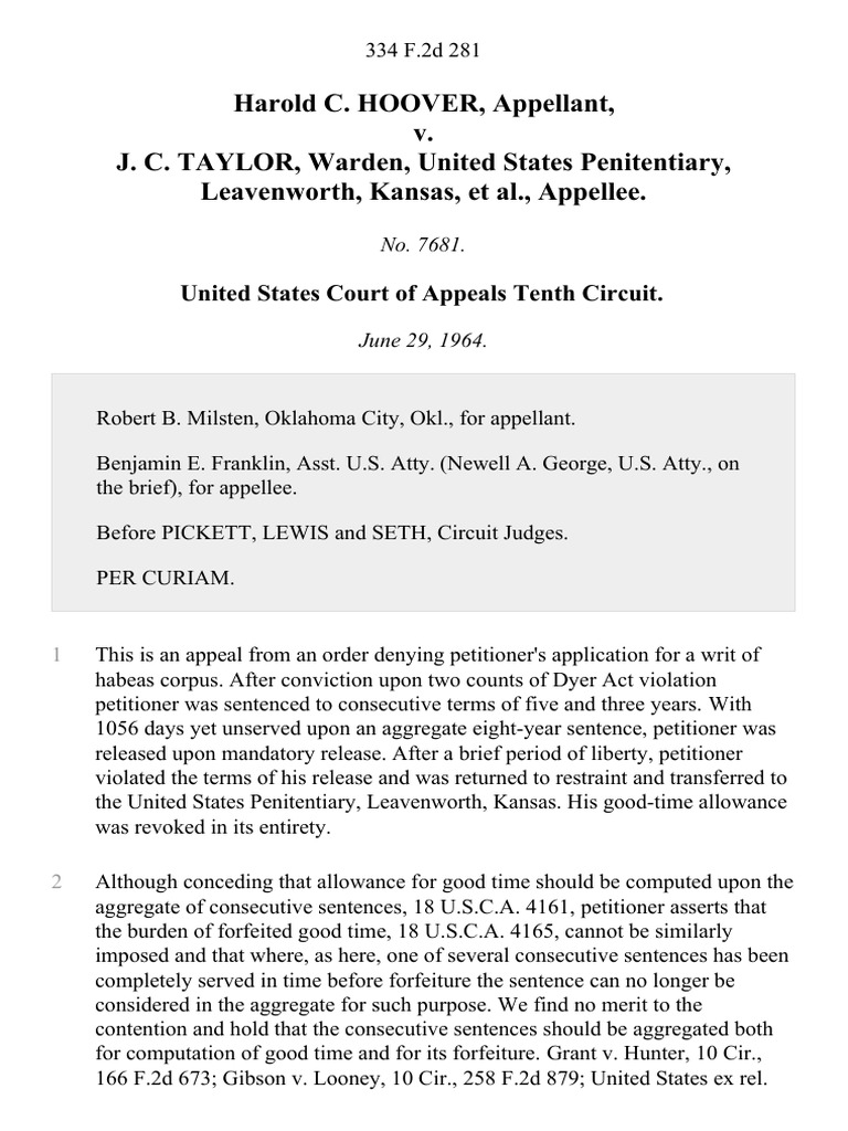 Harold C. Hoover v. J. C. Taylor, Warden, United States Penitentiary ...