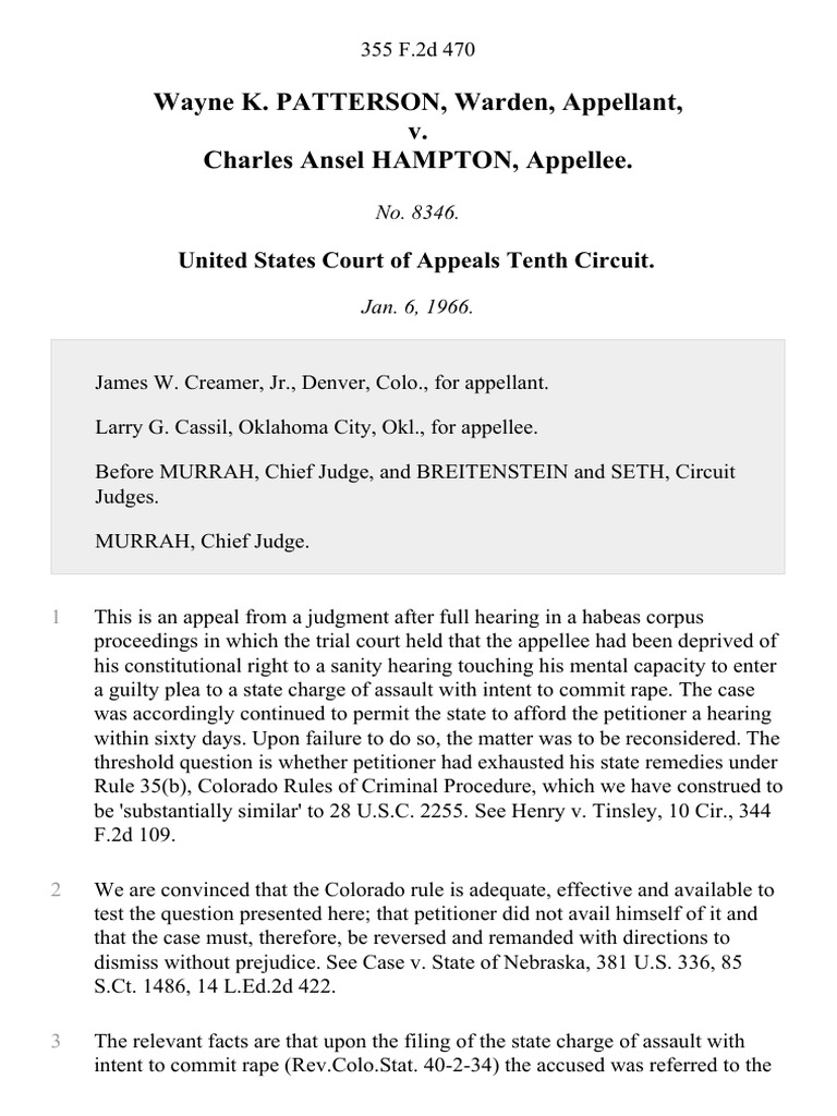 Wayne K. Patterson, Warden v. Charles Ansel Hampton, 355 F.2d 470, 10th ...