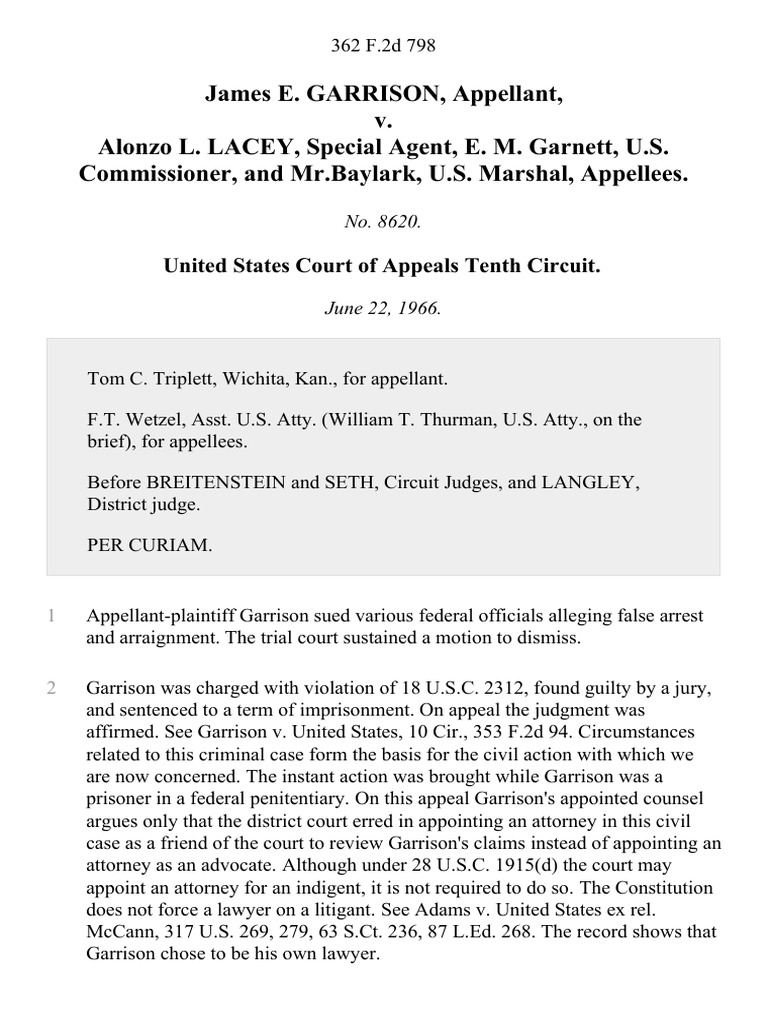 James E. Garrison v. Alonzo L. Lacey, Special Agent, E. M. Garnett, U.S ...