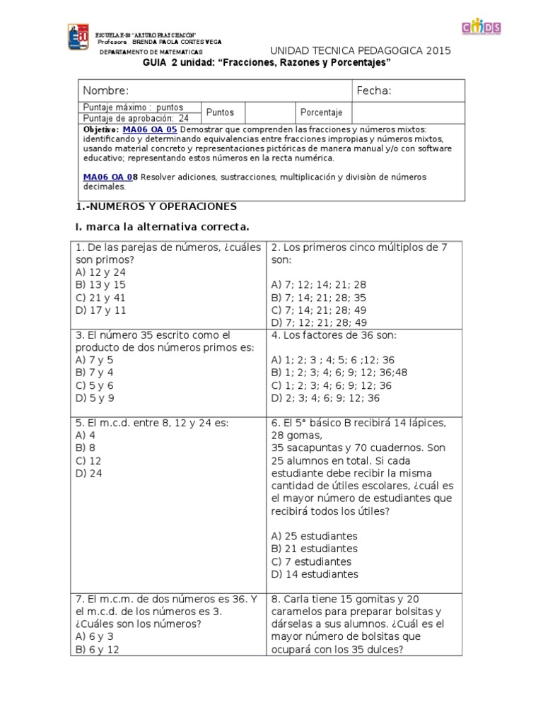 Guía de Fracciones y Decimales 6° Básico | PDF | Fracción (Matemáticas ...