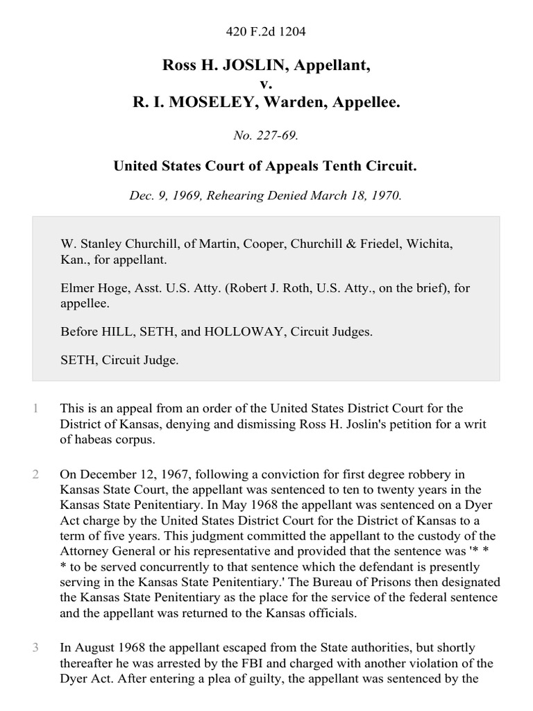 Ross H. Joslin v. R. I. Moseley, Warden, 420 F.2d 1204, 10th Cir. (1970 ...