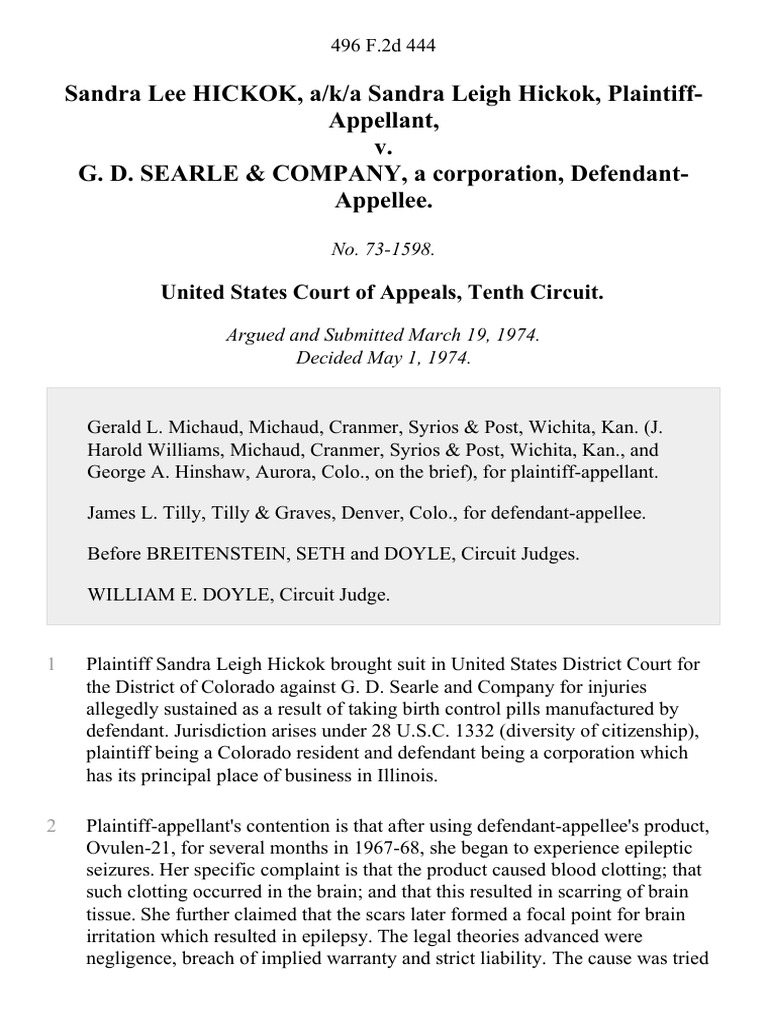 Sandra Lee Hickok, A/K/A Sandra Leigh Hickok v. G. D. Searle & Company ...