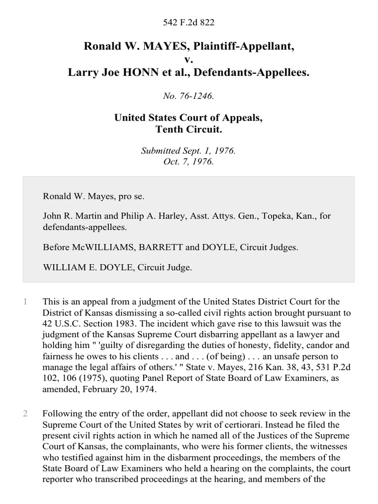 Ronald W. Mayes v. Larry Joe Honn, 542 F.2d 822, 10th Cir. (1976) | PDF ...