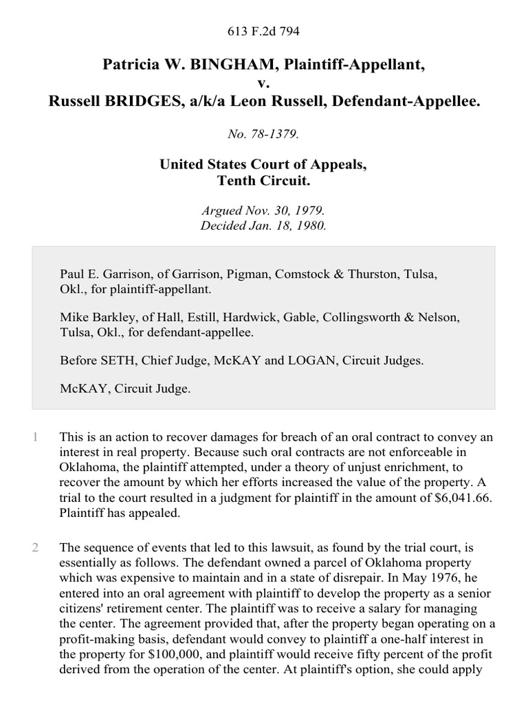 Patricia W. Bingham v. Russell Bridges, A/K/A Leon Russell, 613 F.2d ...