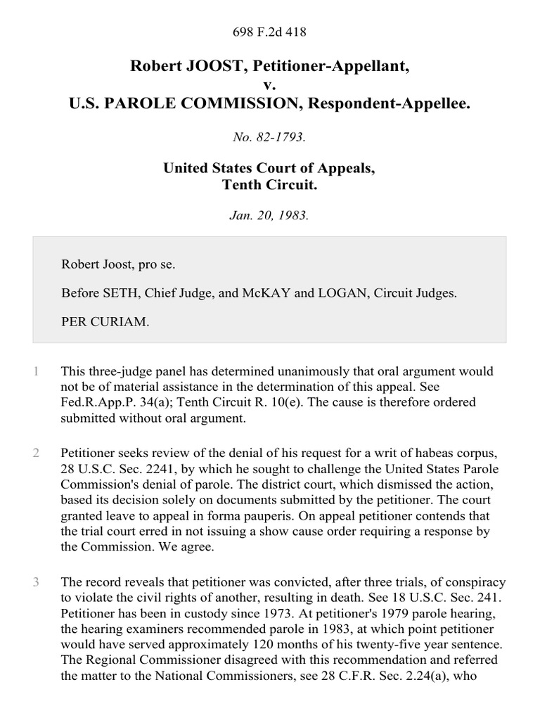 Joost v. U.S. Parole Commission Appeal | PDF | Parole | Pro Se Legal ...