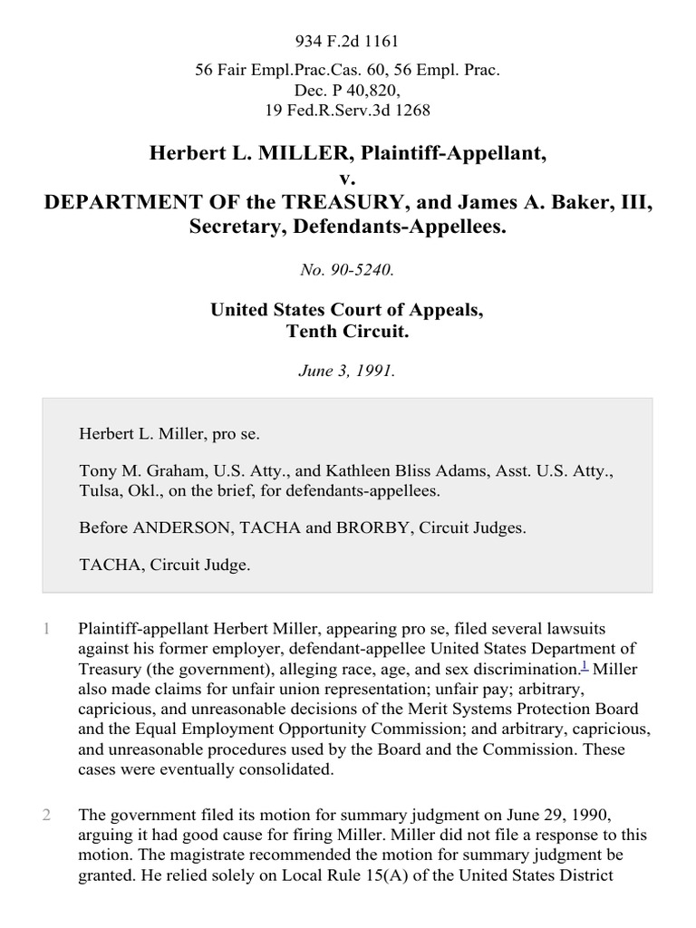 Herbert L. Miller v. Department of The Treasury, and James A. Baker ...