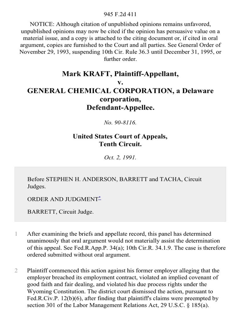 Mark Kraft v. General Chemical Corporation, A Delaware Corporation, 945 ...