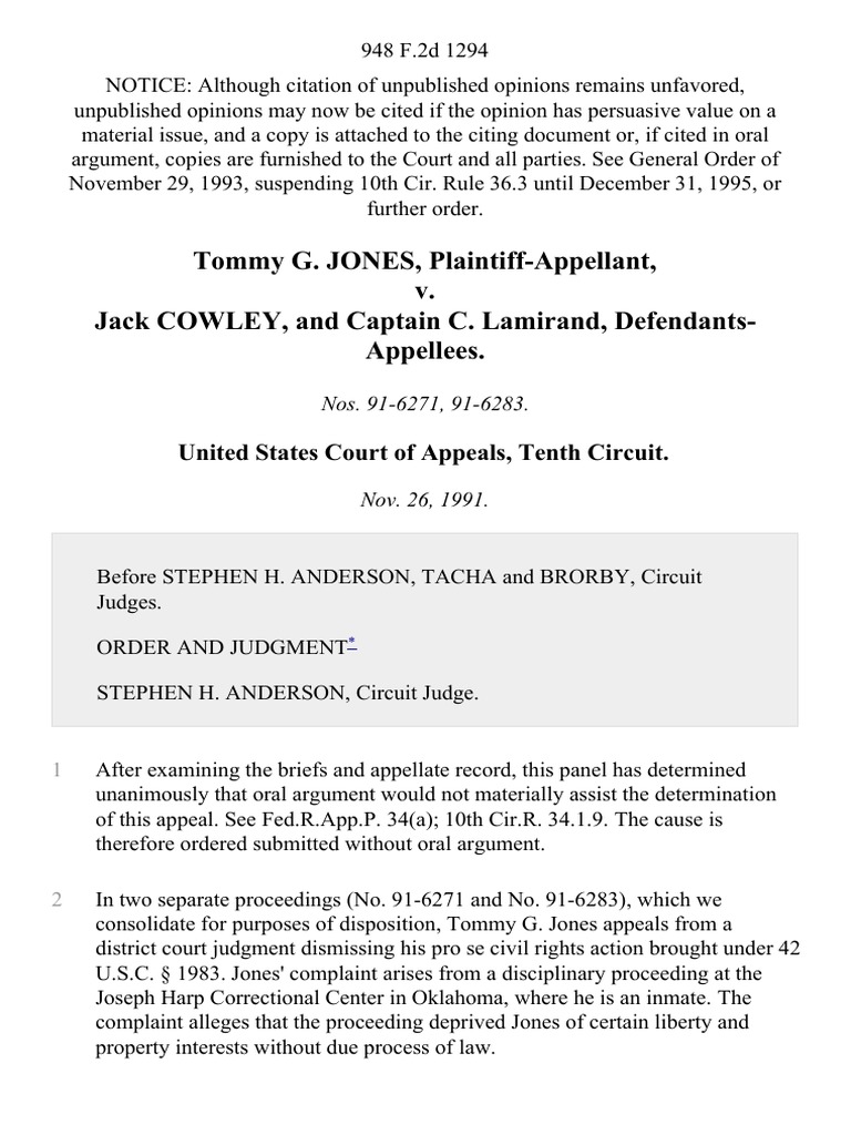 Tommy G. Jones v. Jack Cowley, and Captain C. Lamirand, 948 F.2d 1294 ...
