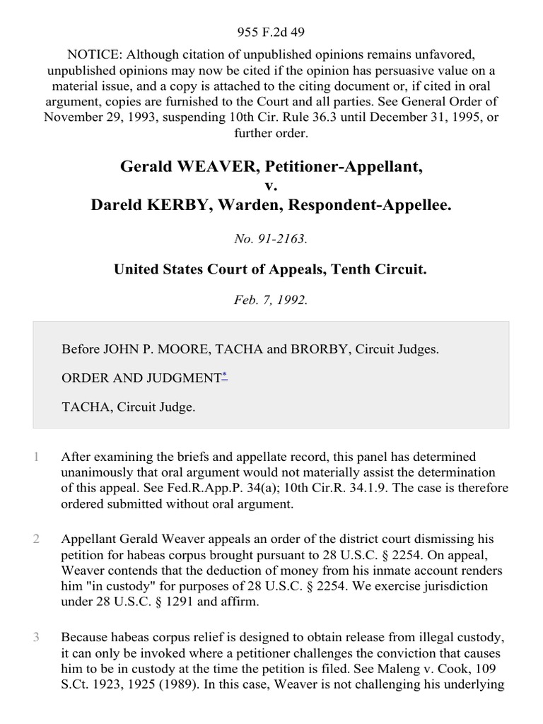 Gerald Weaver v. Dareld Kerby, Warden, 955 F.2d 49, 10th Cir. (1992) | PDF