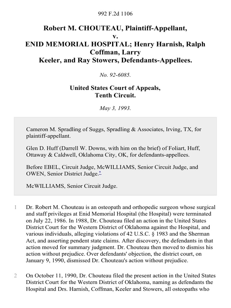 Robert M. Chouteau v. Enid Memorial Hospital Henry Harnish, Ralph ...