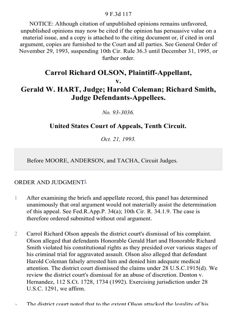 Carrol Richard Olson v. Gerald W. Hart, Judge Harold Coleman Richard ...