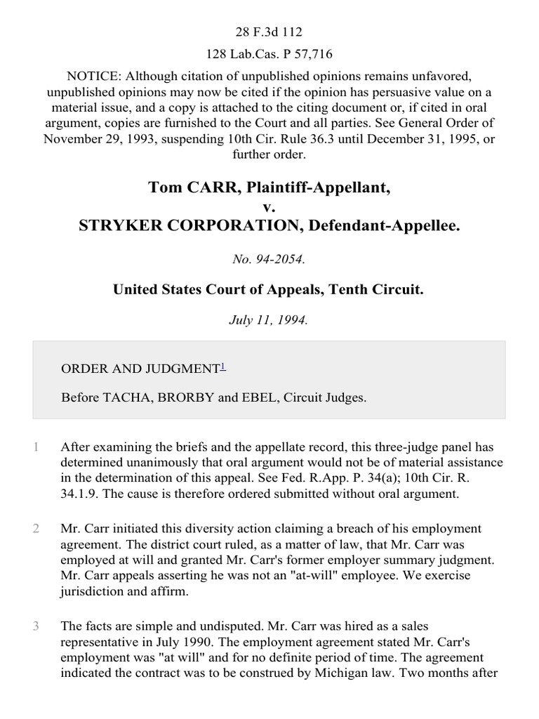 Tom Carr v. Stryker Corporation, 28 F.3d 112, 10th Cir. (1994) | PDF ...
