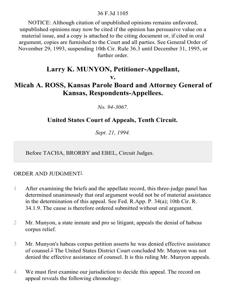 Larry K. Munyon v. Micah A. Ross, Kansas Parole Board and Attorney ...