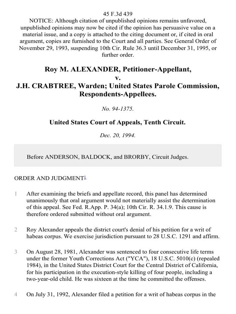 Roy M. Alexander v. J.H. Crabtree, Warden United States Parole ...