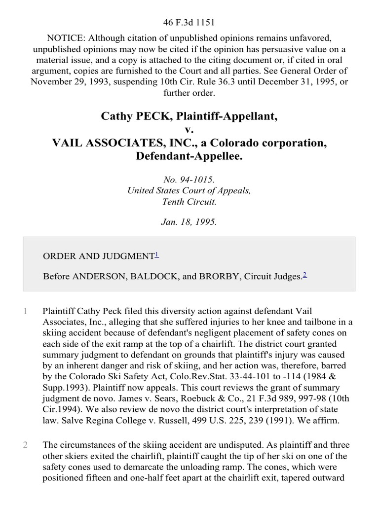 Cathy Peck v. Vail Associates, Inc., A Colorado Corporation, 46 F.3d ...