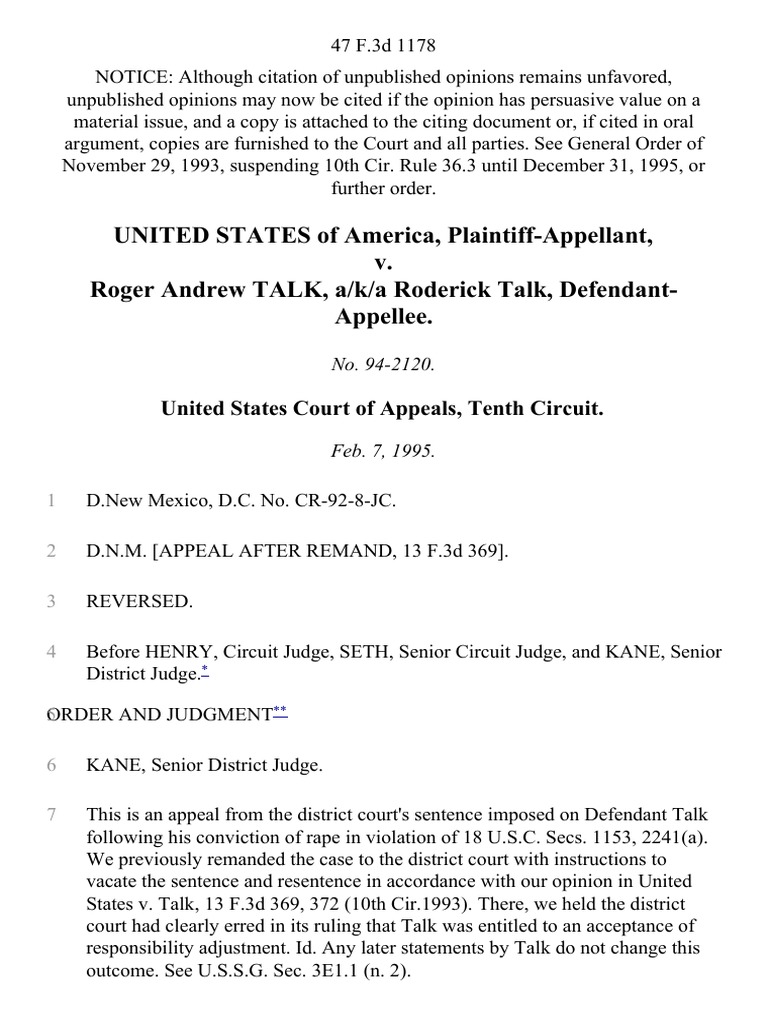 United States v. Roger Andrew Talk, A/K/A Roderick Talk, 47 F.3d 1178 ...