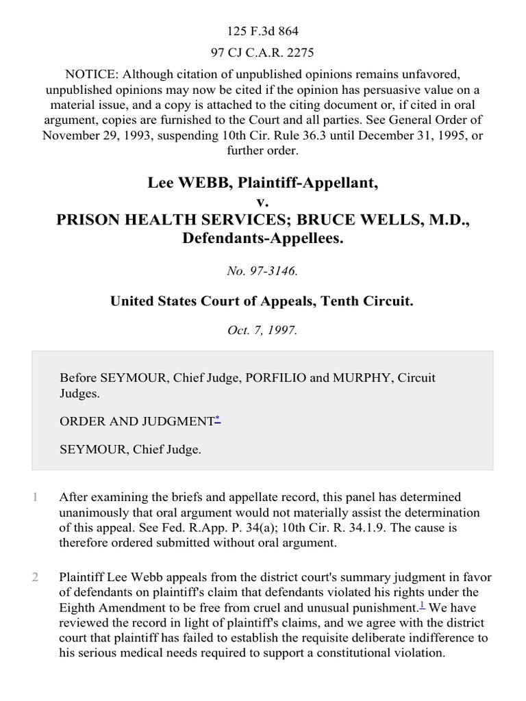 Webb v. Prison Health Services Appeal | PDF | Politics | Law
