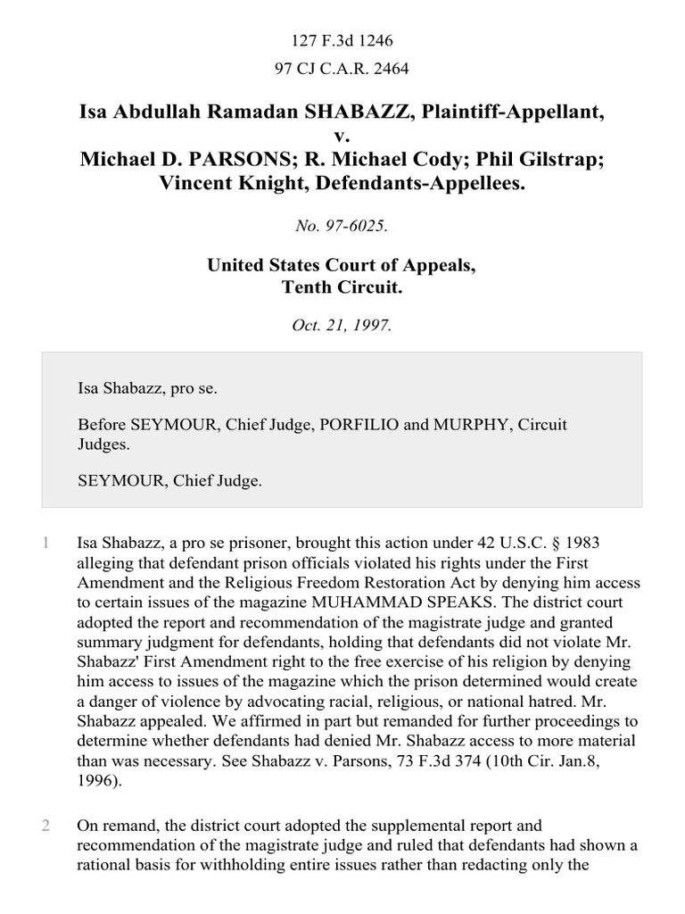 Isa Abdullah Ramadan Shabazz v. Michael D. Parsons R. Michael Cody Phil ...