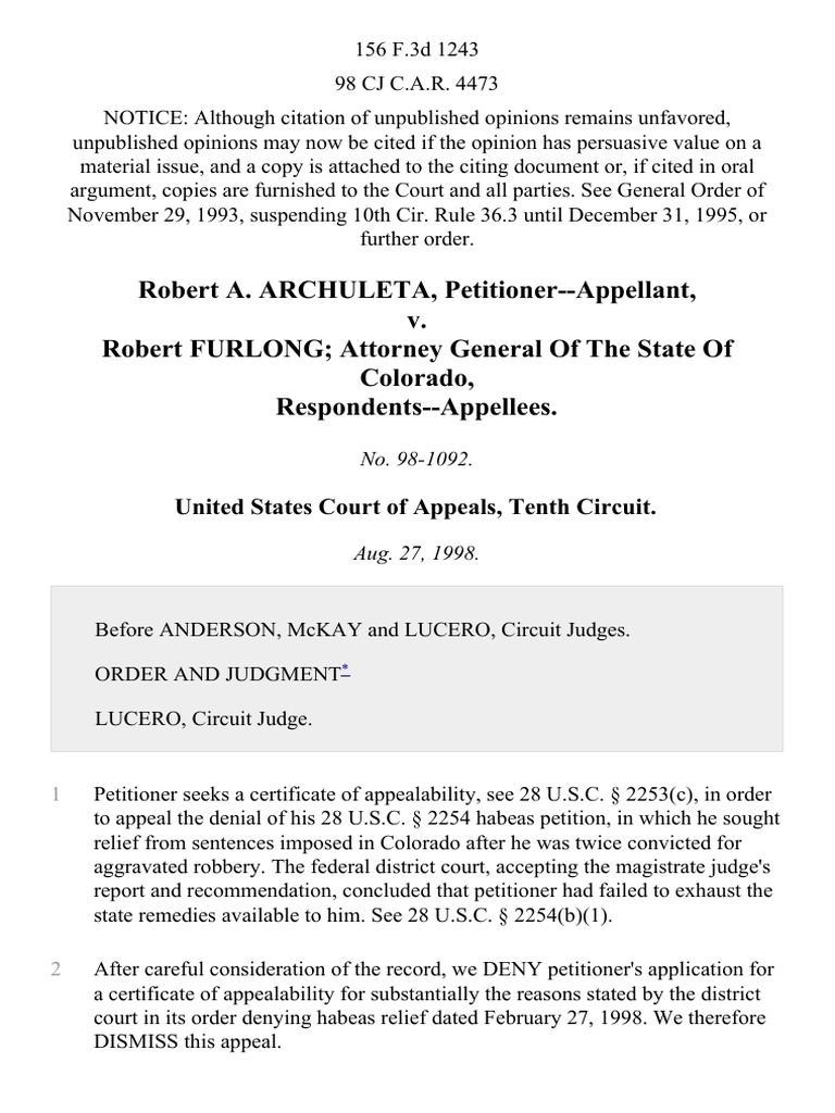 Robert A. Archuleta v. Robert Furlong Attorney General of The State of ...