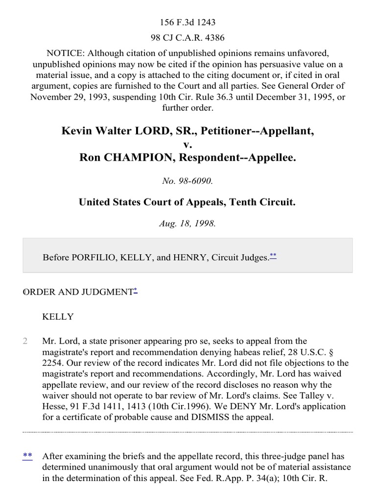 Kevin Walter Lord, Sr. v. Ron Champion, 156 F.3d 1243, 10th Cir. (1998 ...