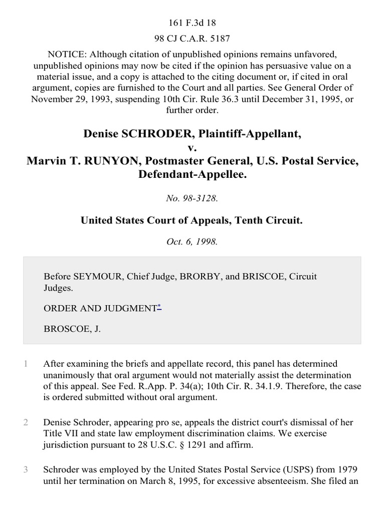 Denise Schroder v. Marvin T. Runyon, Postmaster General, U.S. Postal ...