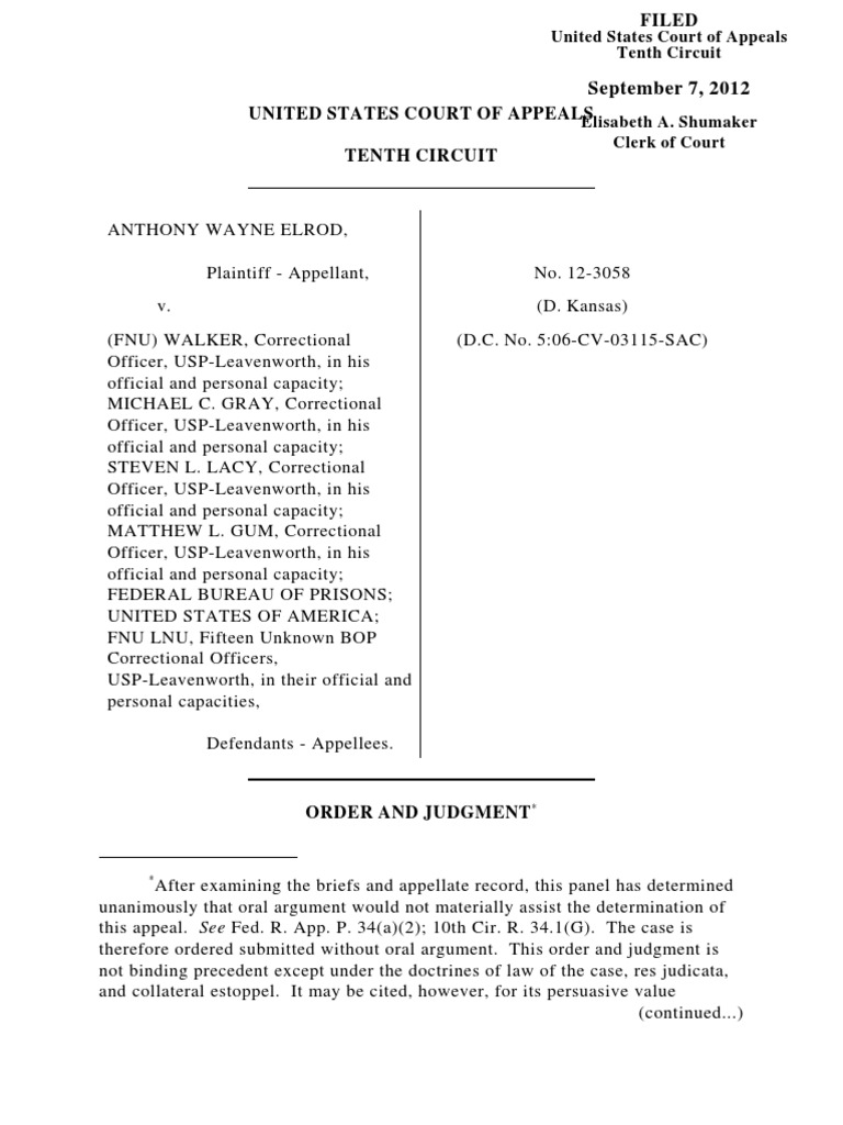 Elrod v. Walker, 10th Cir. (2012) | PDF | Bivens V. Six Unknown Named ...