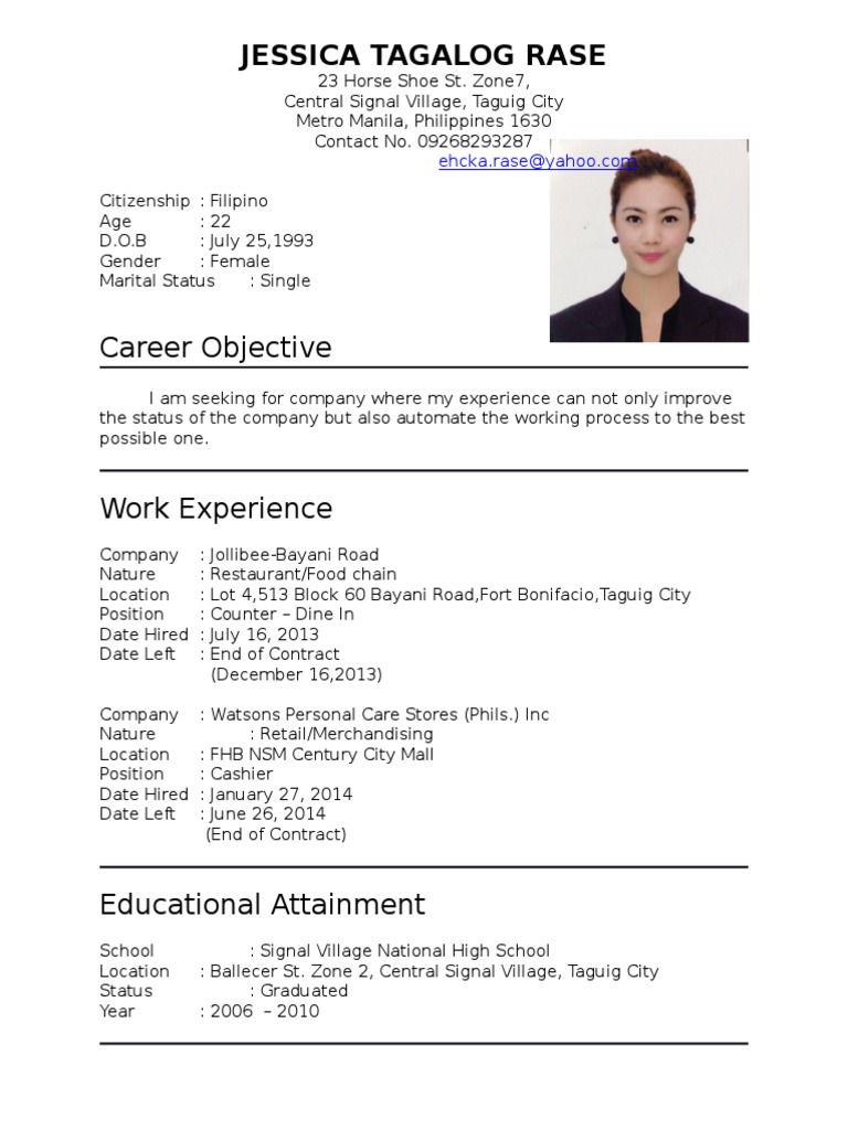 Career Objective: Jessica Tagalog Rase | PDF