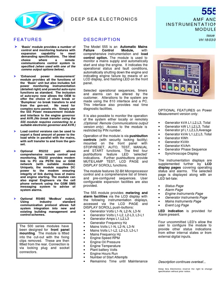DSE555 Data Sheet (1) | Mains Electricity | Relay