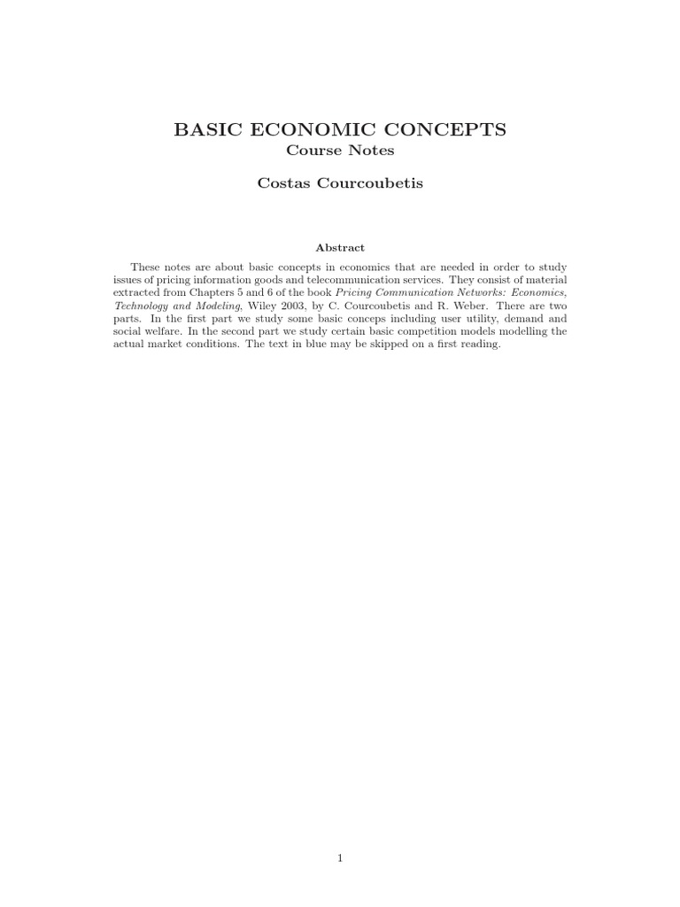 Basic Economic Concepts: Course Notes Costas Courcoubetis | PDF ...