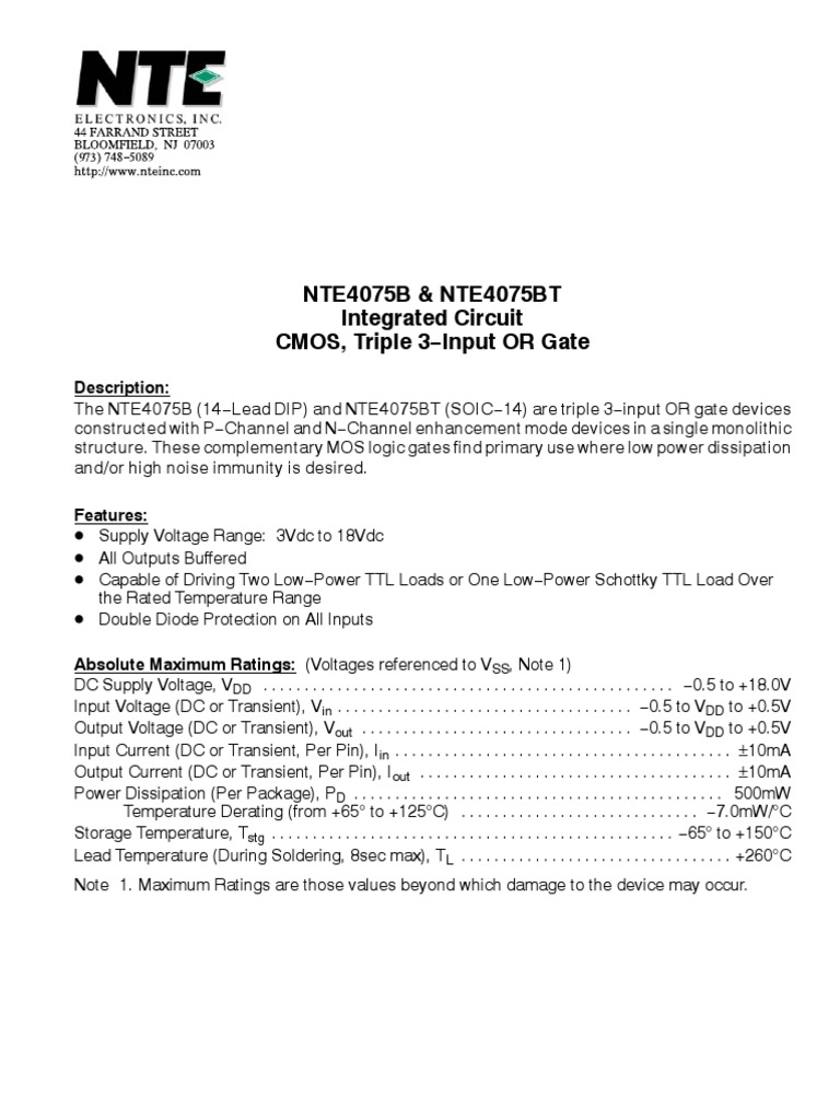 Specifications and Technical Details of the NTE4075B and NTE4075BT CMOS Triple 3-Input OR Gate ...