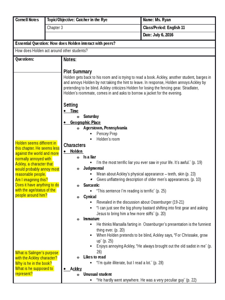 Cornell Notes - Reading CH 3 | PDF