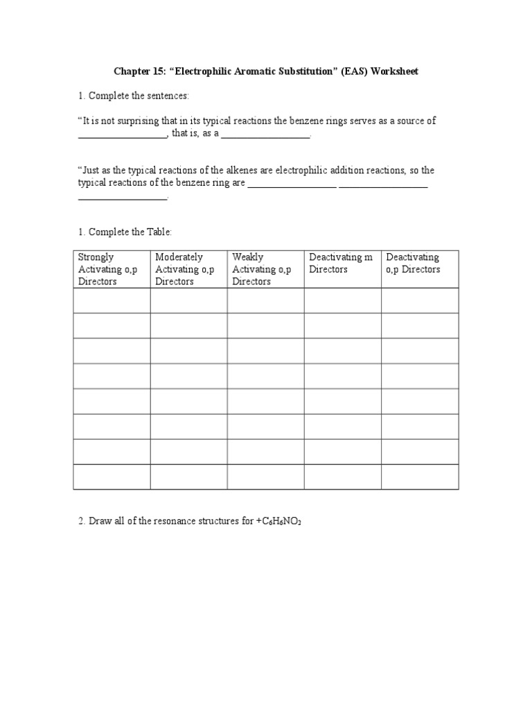 Chapter 15: EAS Worksheet - Electrophilic Aromatic Substitution ...